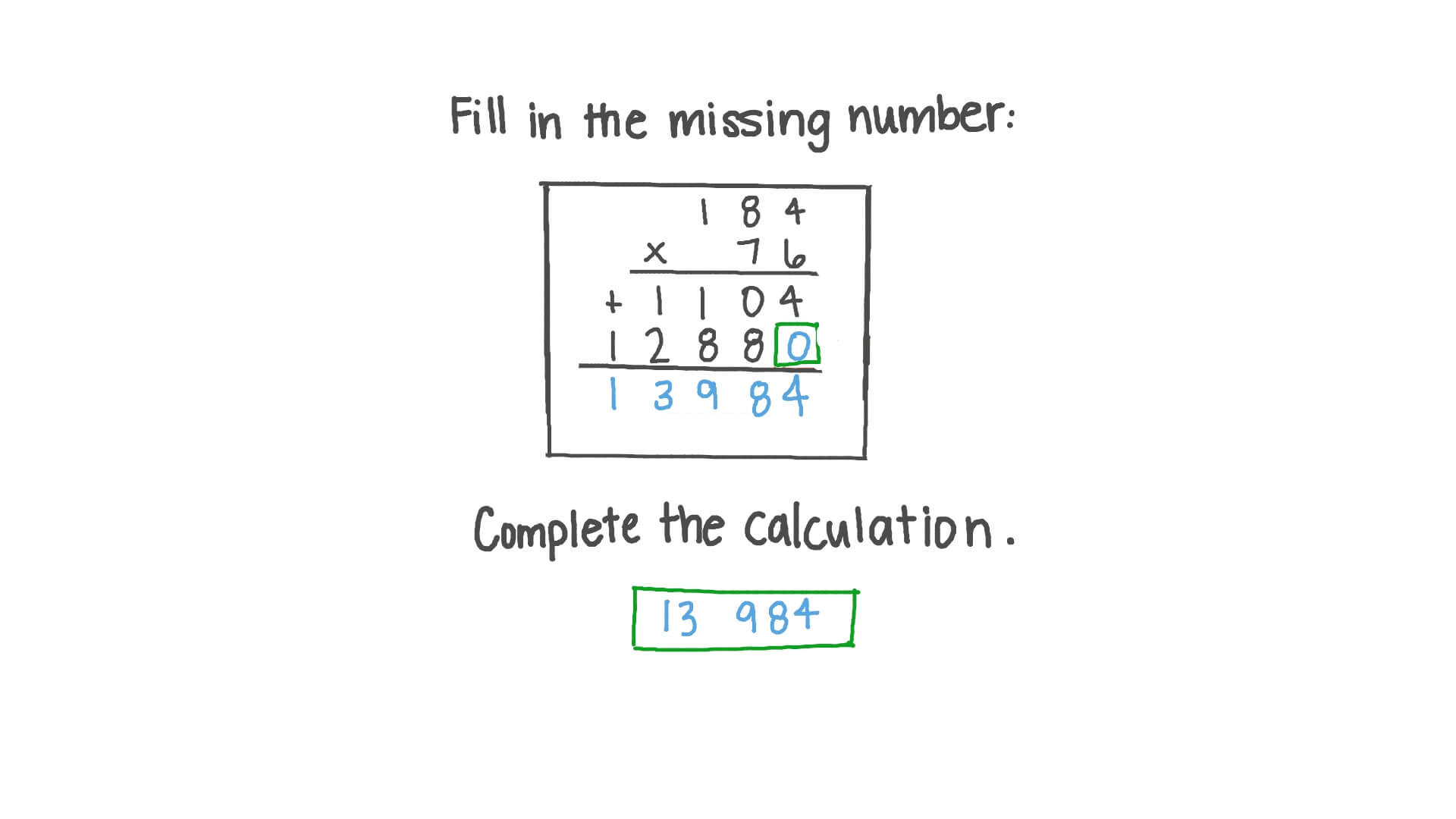 Question Video: Finding Missing Numbers in a Standard Multiplication Algorithm | Nagwa