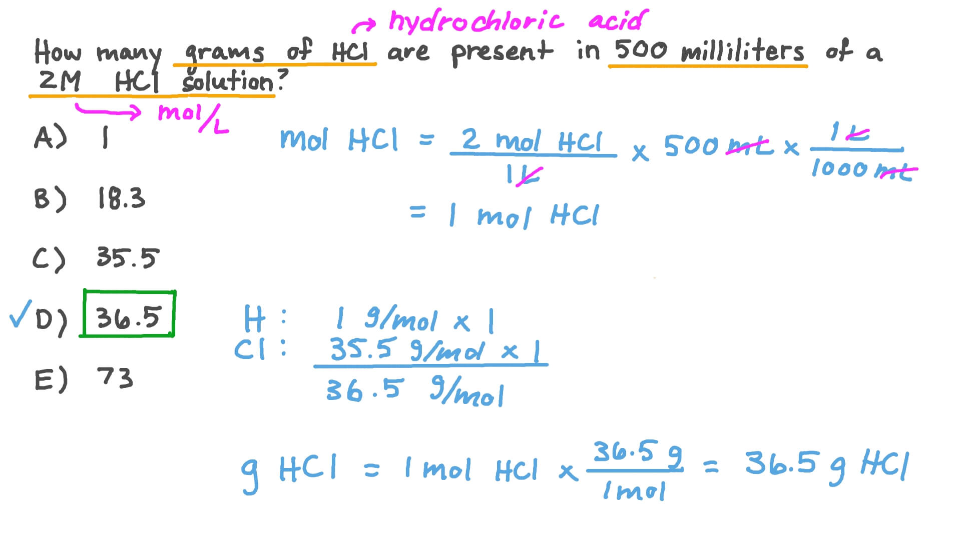 Video: Calculating the Mass of HCl in a Given Volume of a HCl Solution of a Given Concentration ...