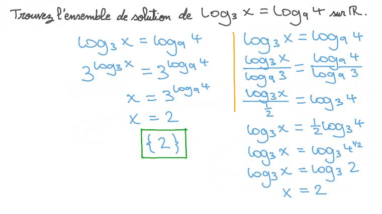 Leçon : Équations logarithmiques de bases différentes | Nagwa