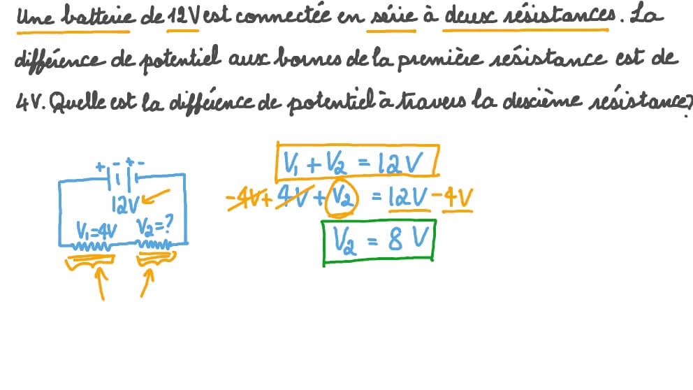 Question Video: Détermination de la différence de potentiel aux bornes de composants en série ...