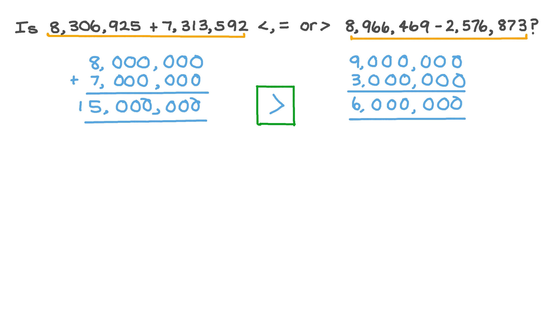Question Video: Comparing Two Large Numbers Involving Addition and ...