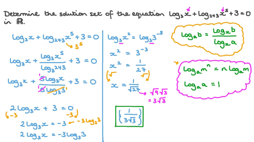 Question Video: Finding the Solution Set of a Logarithmic Equation over ...