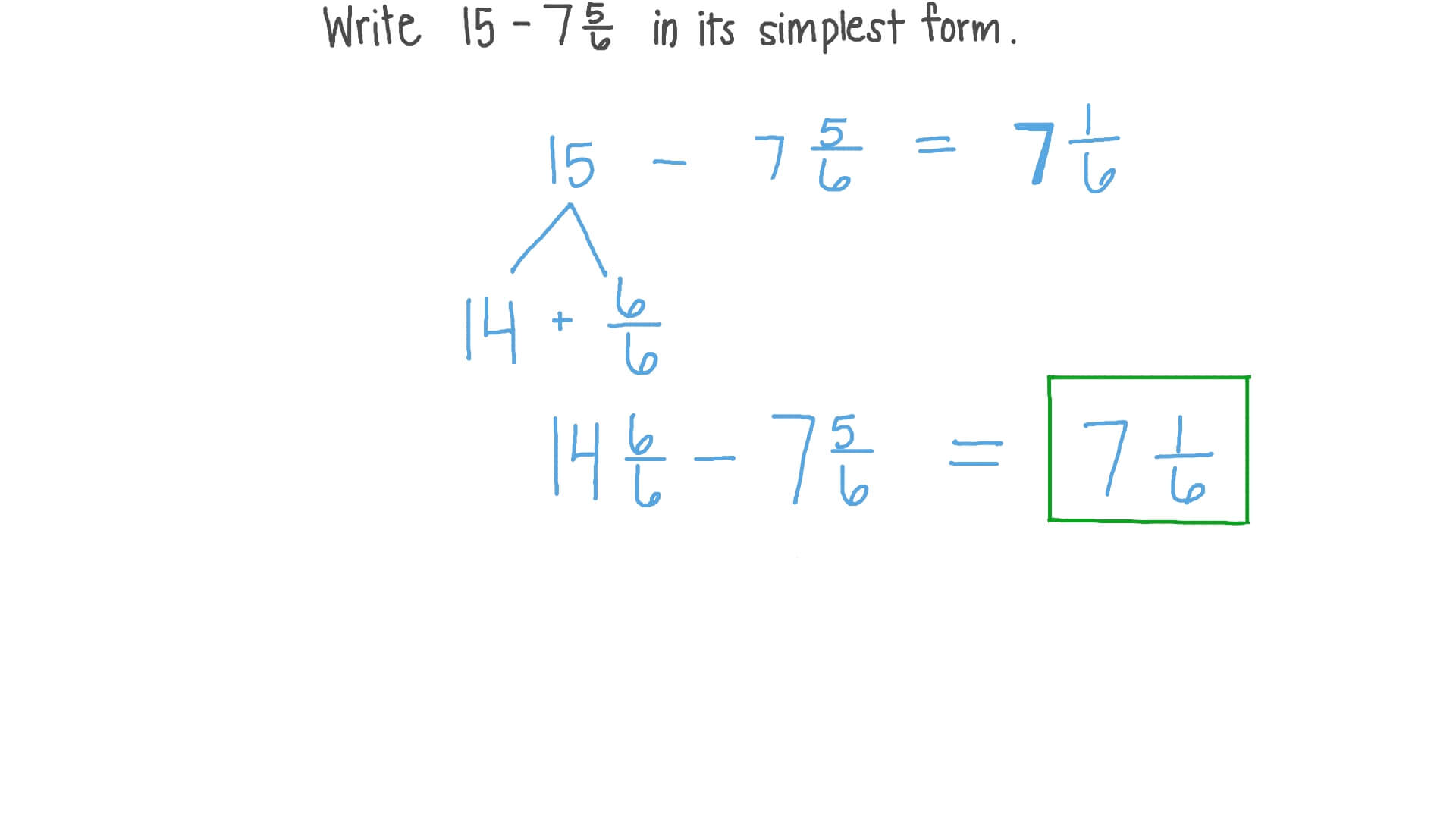 Question Video: Subtracting a Mixed Number from an Integer | Nagwa