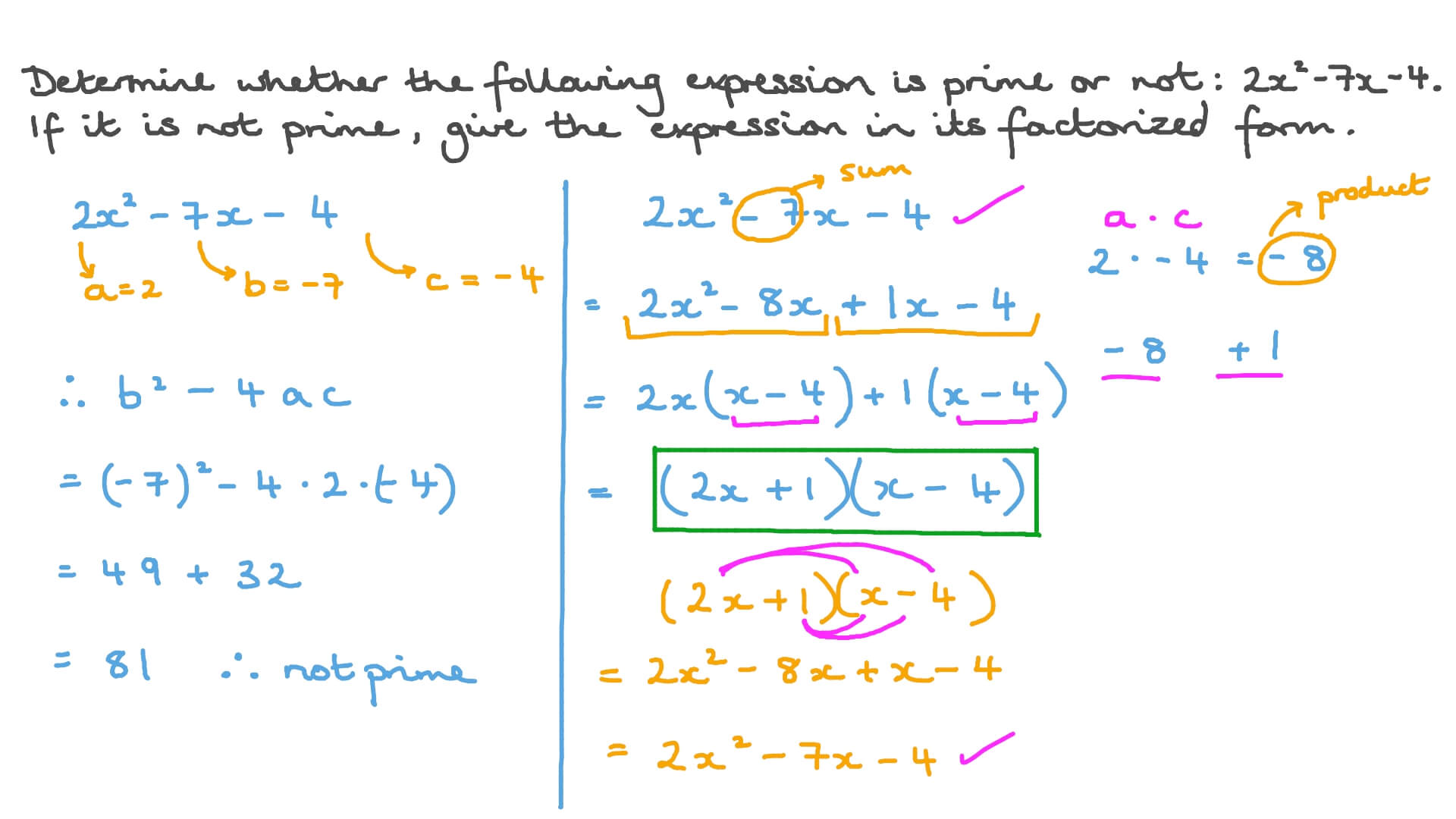 Question Video: Determining Whether a Quadratic Expression Is Prime | Nagwa