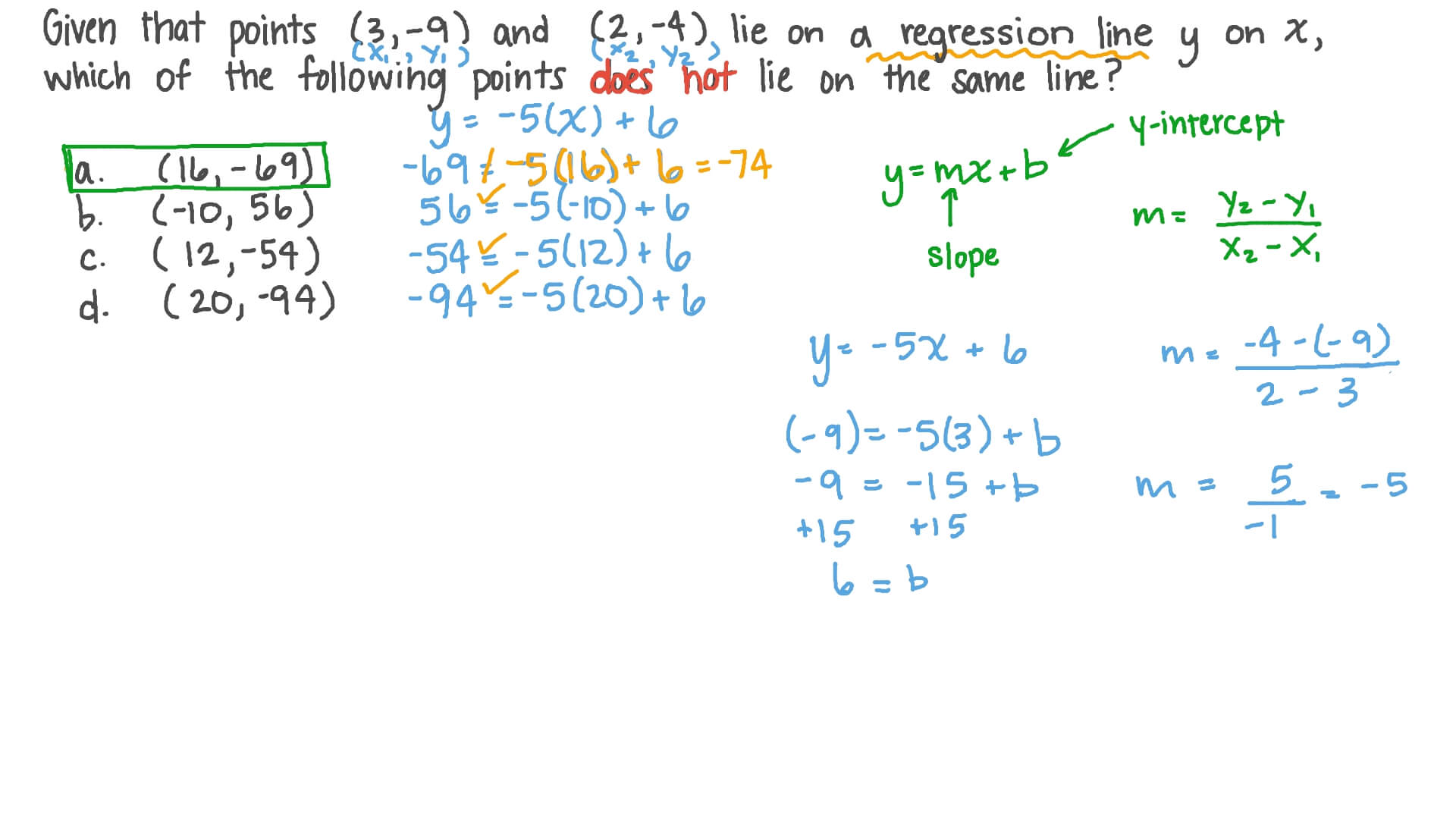 Question Video: Selecting a Point That Does Not Lie on a Regression Line given Two Points That ...