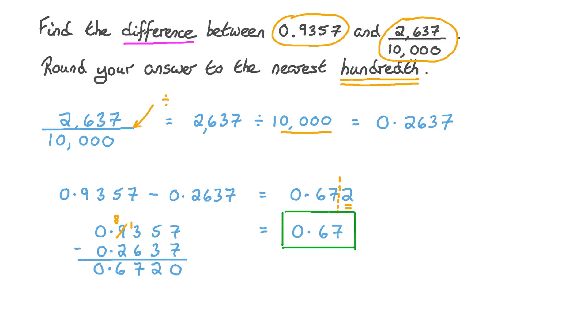 Question Video: Subtracting Decimal Numbers from Fractions Then Rounding the Answer | Nagwa