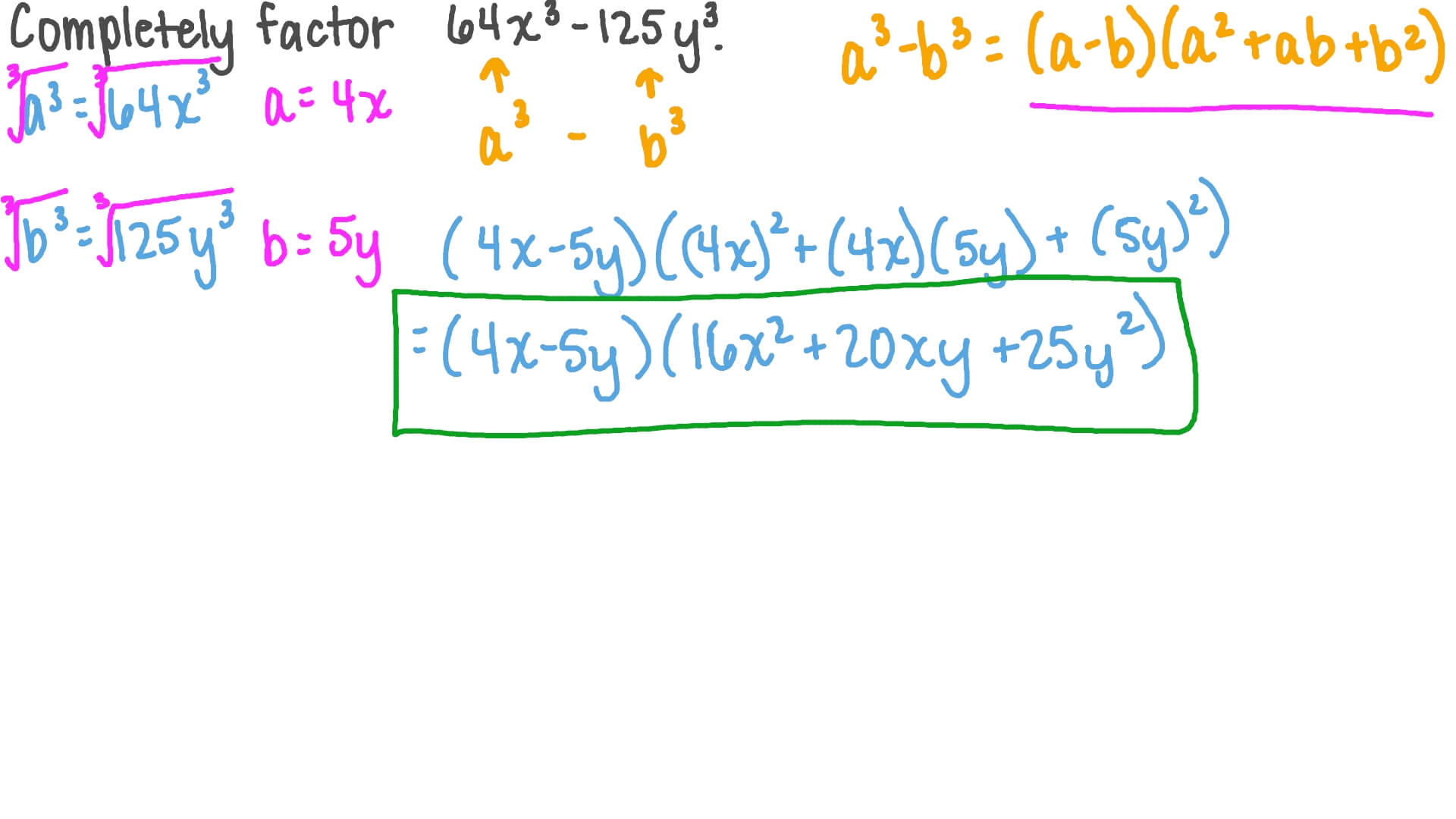 Question Video: Factorising the Difference of Two Cubes | Nagwa
