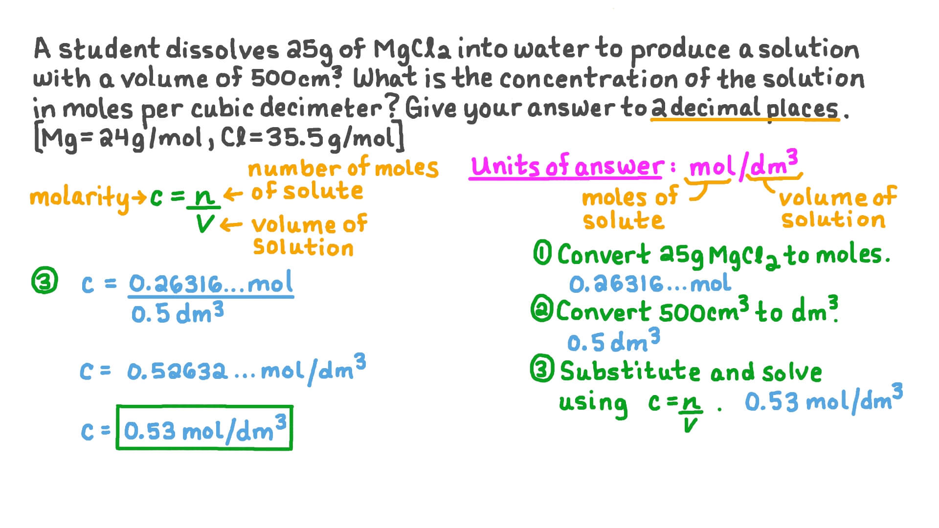 Question Video Calculating Concentration In Grams Per Cubic Decimeter
