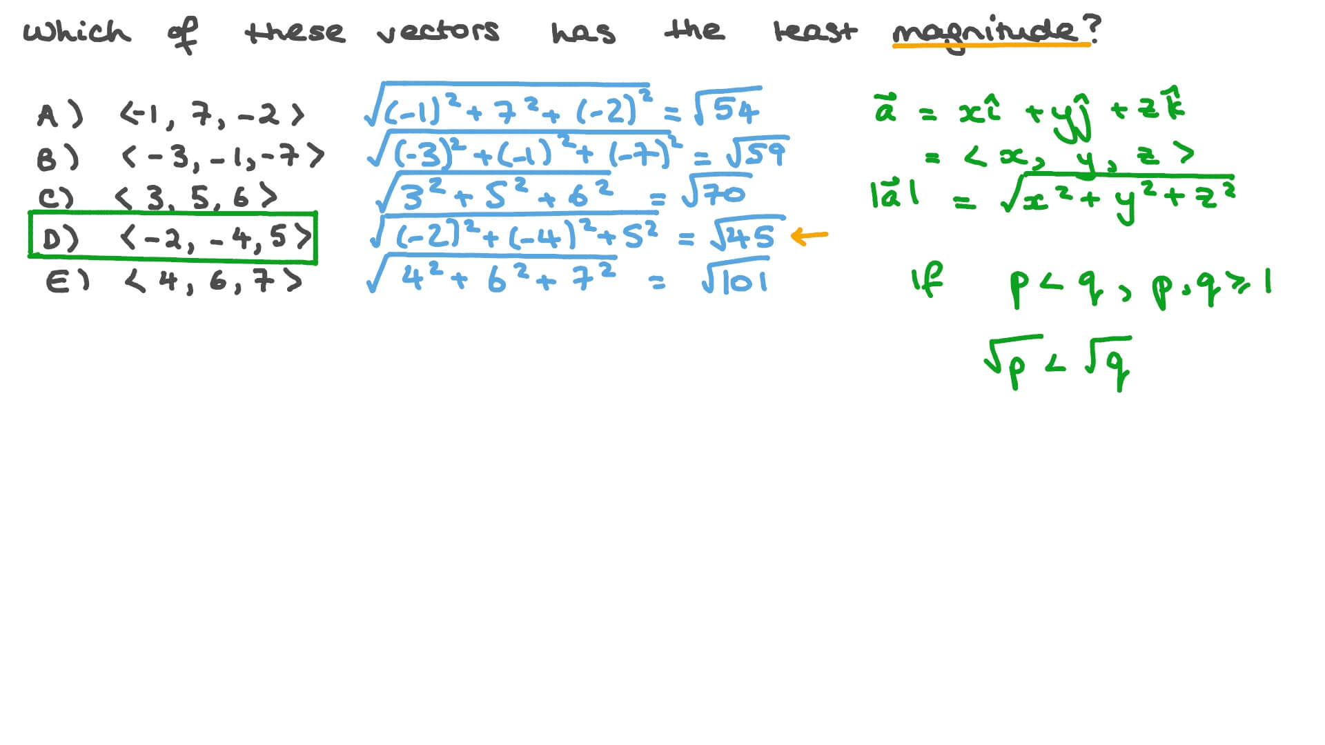 Question Video: Calculating the Magnitude of 3D Vectors | Nagwa