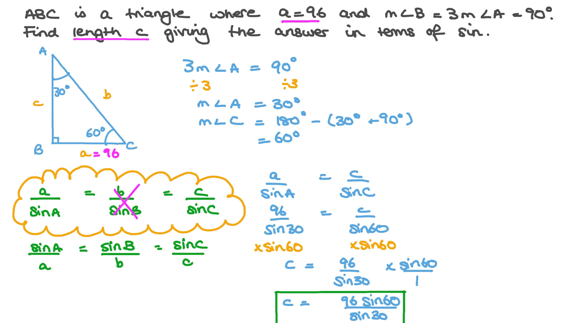 Question Video Using The Law Of Sines To Find An Unknown Length In