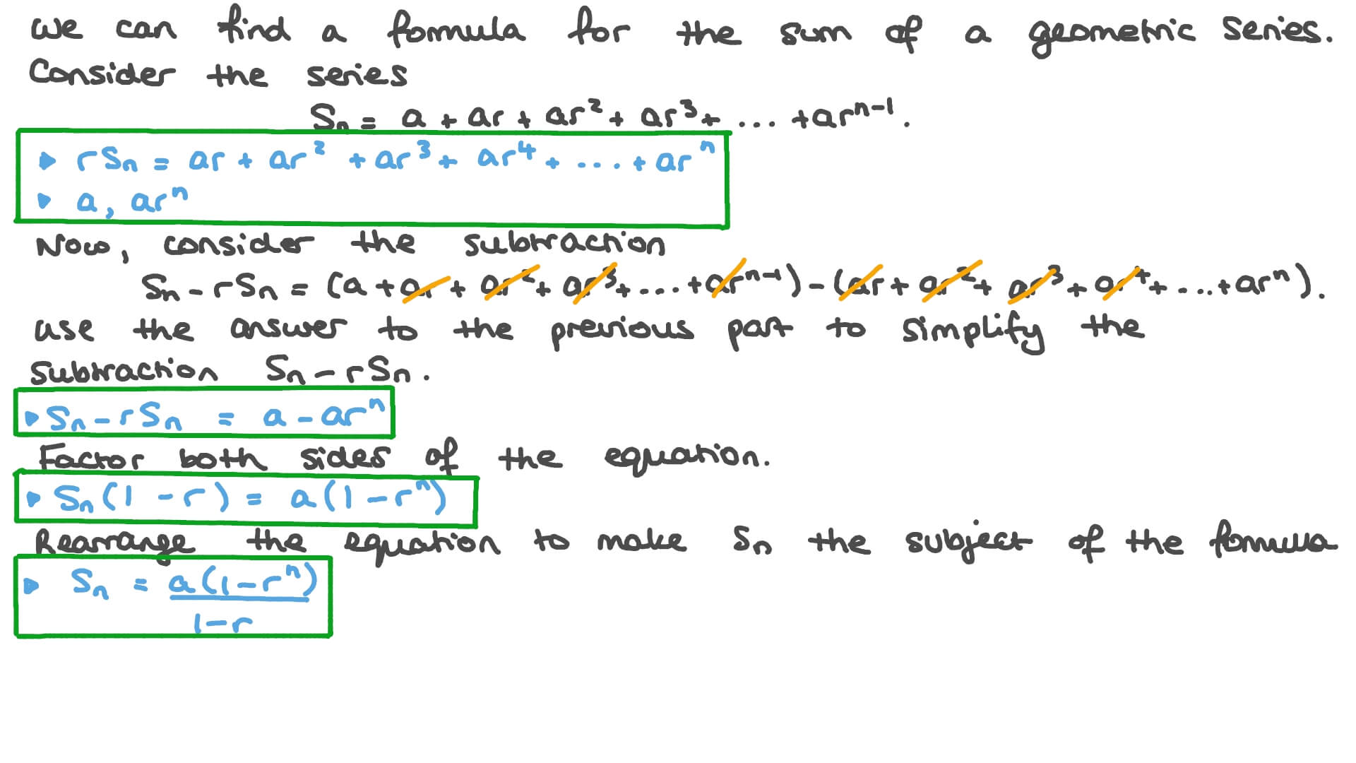 Question Video Deriving The Formula For The Sum Of A Geometric Series