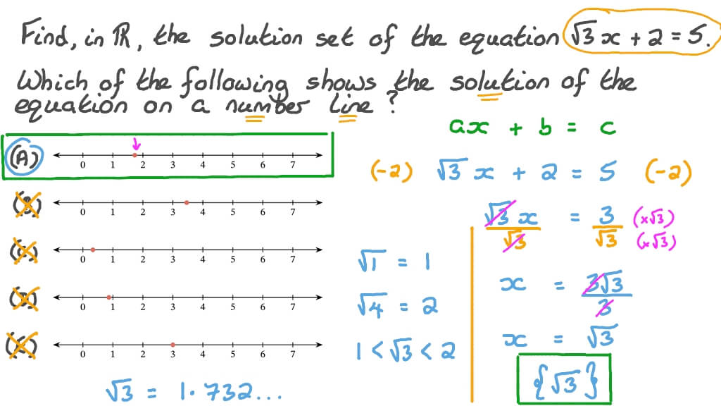 Question Video: Finding the Solution Set to a Linear Equation That Includes a Radical and ...