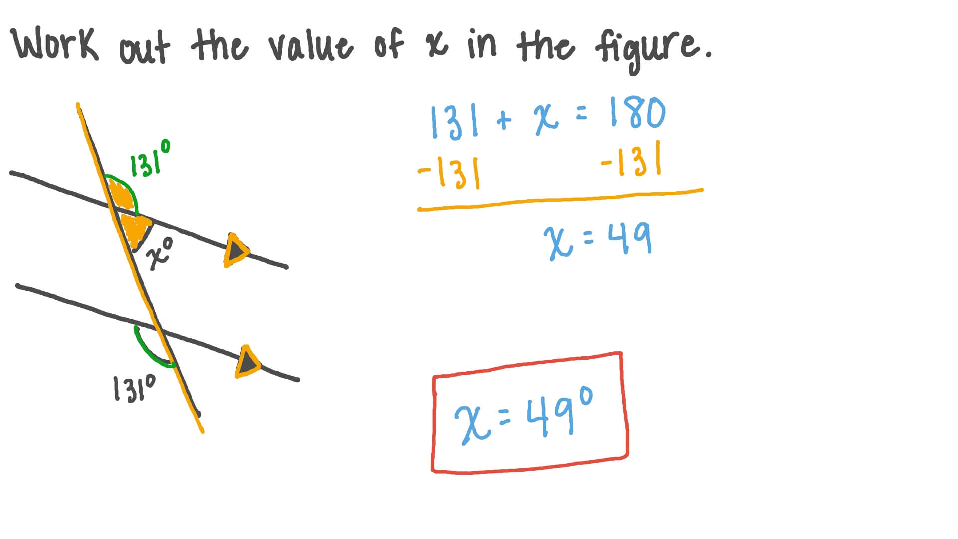 Question Video: Finding an Unknown Angle in Problems Involving Parallel ...