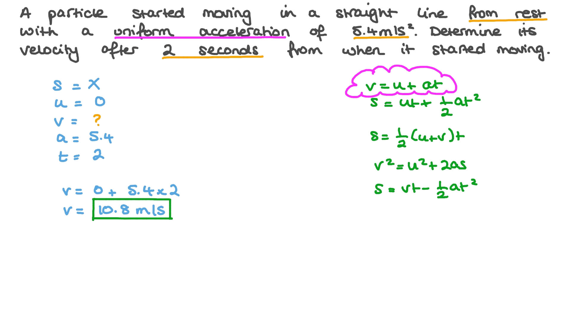 Question Video: Finding the Velocity of a Particle Moving with Uniform Acceleration | Nagwa