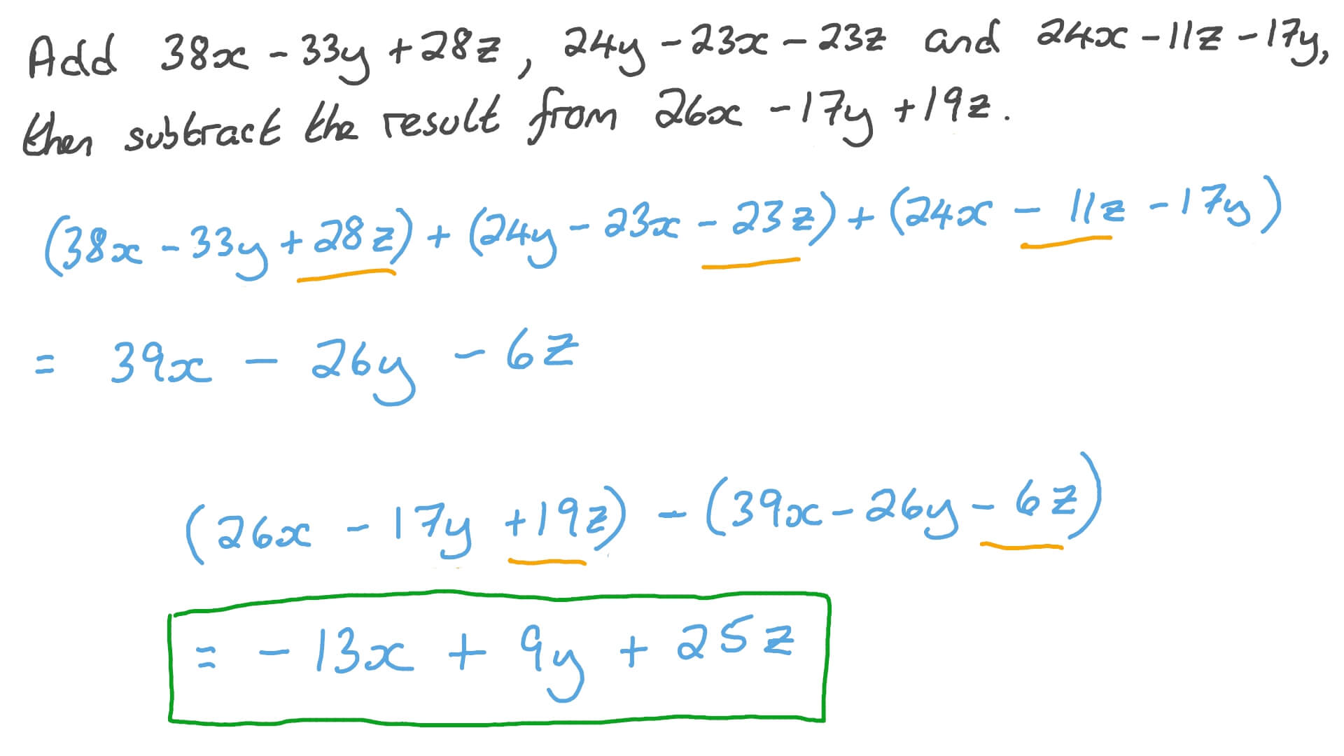 Question Video: Addition and Subtraction of Algebraic Expressions | Nagwa
