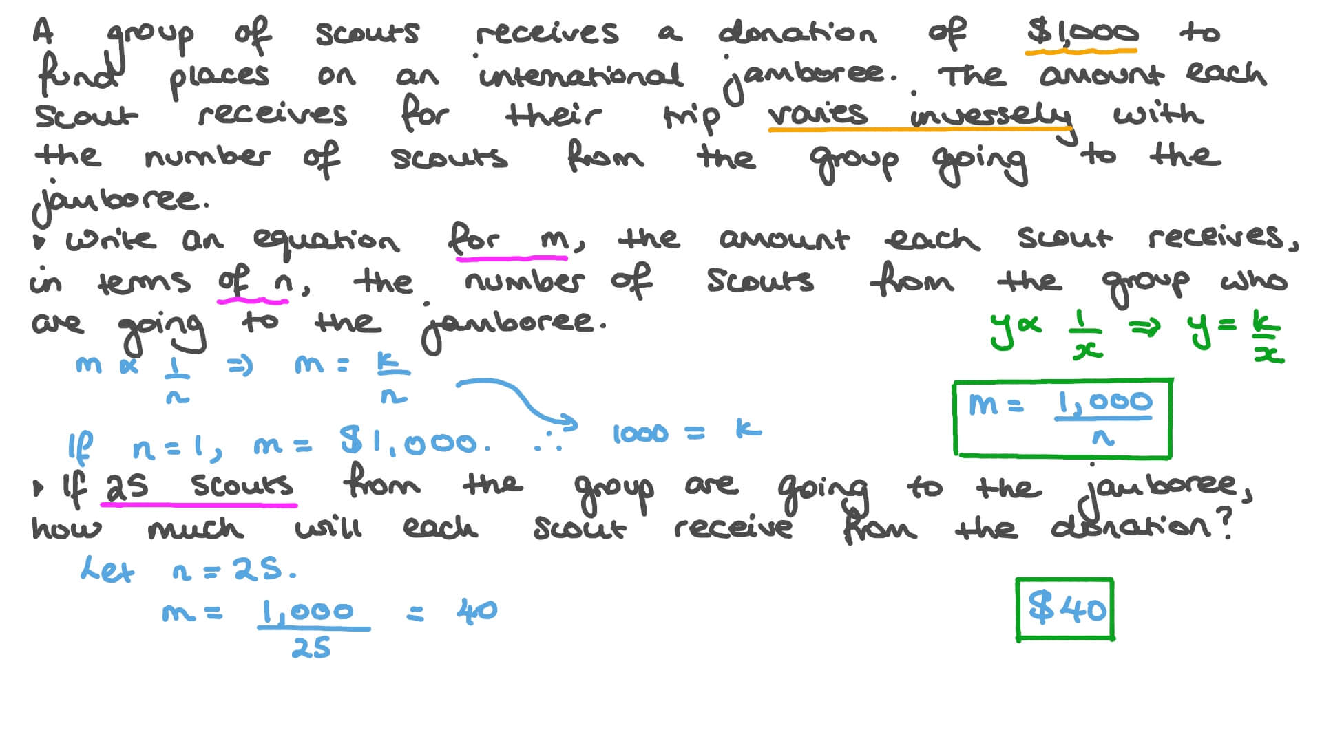 Question Video: Creating and Solving Inverse Variation Equations | Nagwa