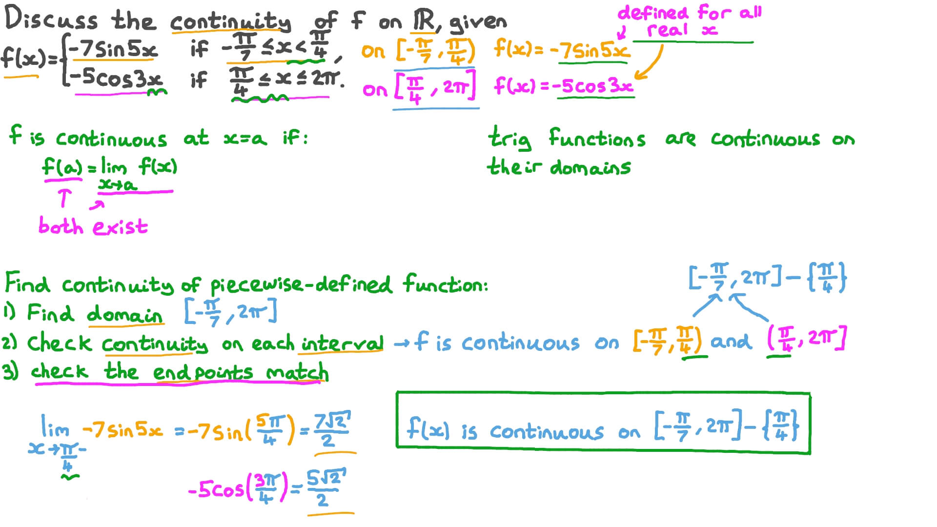 Question Video: Discussing the Continuity of a Piecewise-Defined Functions Involving ...