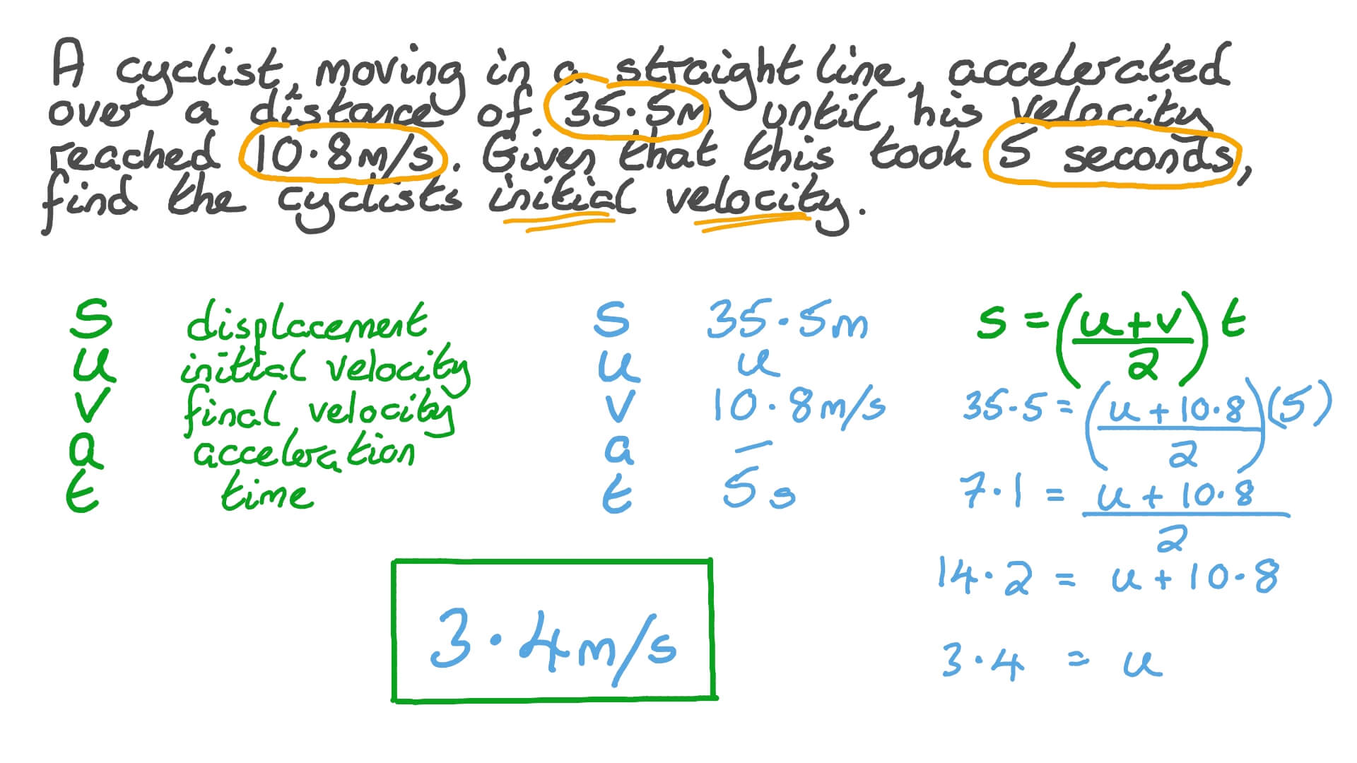 Question Video: Finding the Initial Velocity of a Cyclist Moving with Uniform Acceleration | Nagwa