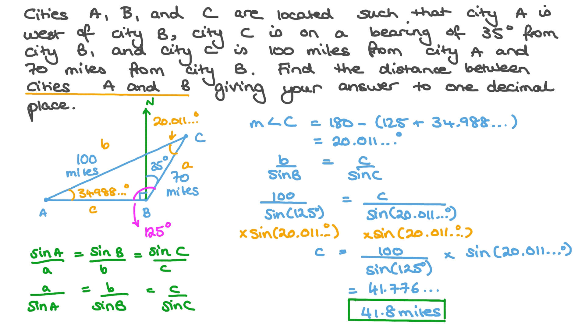 Question Video: Using the Sine Rule to Calculate an Unknown Length of a ...
