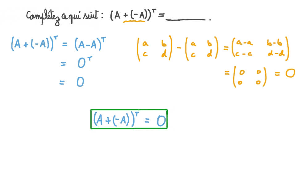 Question Video: Déterminer la transposée d’une somme de matrices | Nagwa