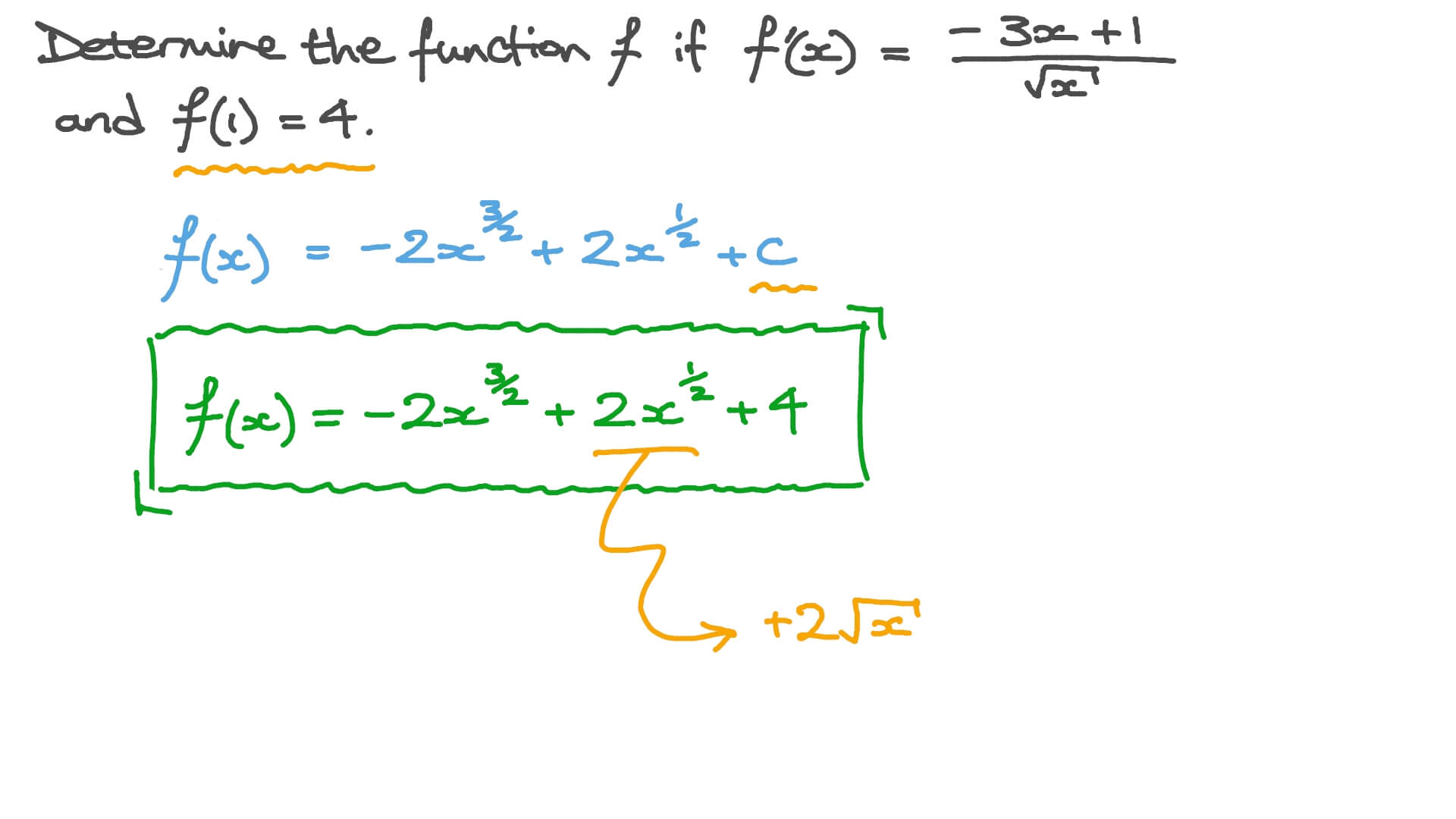 Question Video: Finding the Expression of a Function given Its First Derivative and the Value of ...