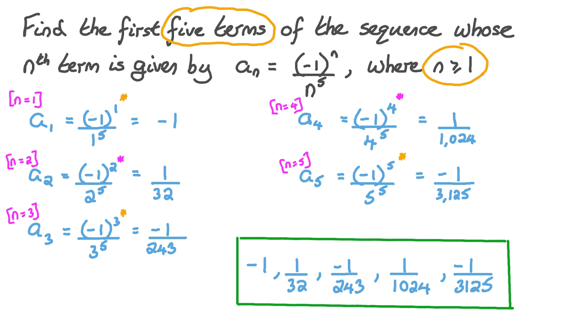Question Video: Finding the Terms of a Sequence given Its General Term | Nagwa