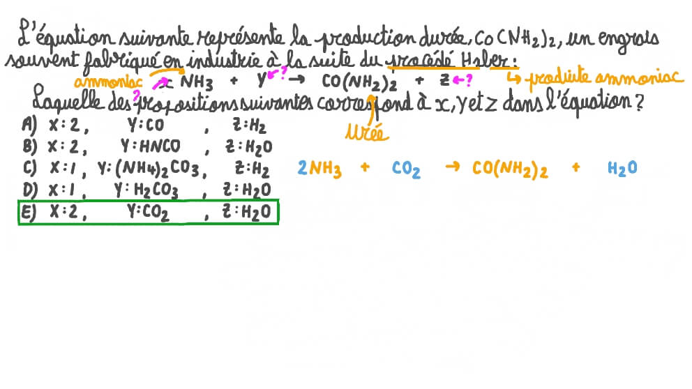 Question Video: Compléter l’équation de la formation d’urée à partir d ...
