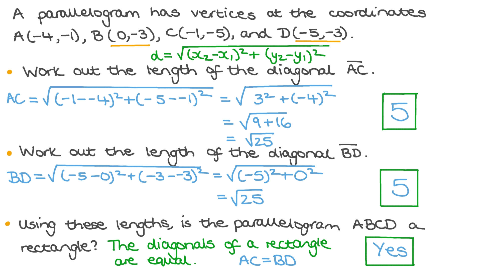 Question Video: Determine Whether a Parallelogram is a Rectangle from the Lengths of Its ...