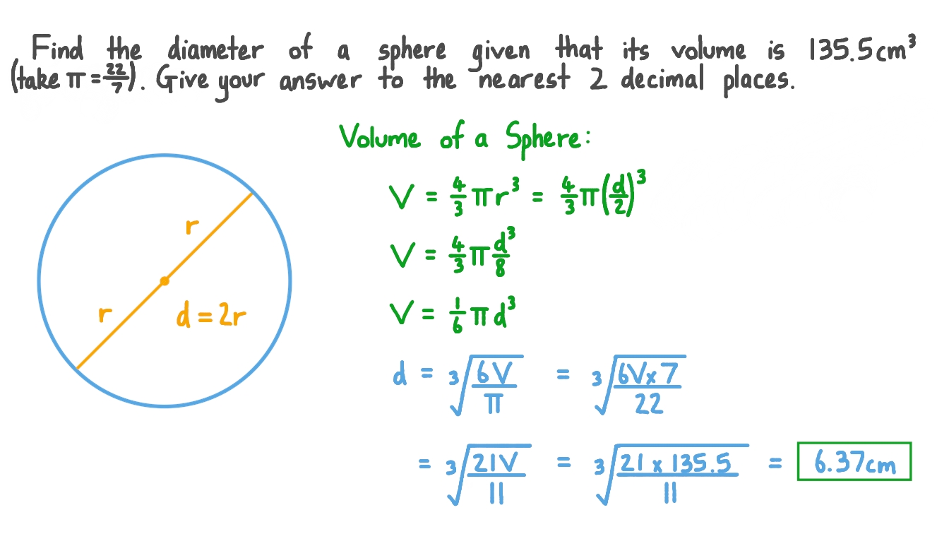 Question Video Finding The Diameter Of A Sphere From Its Volume Nagwa