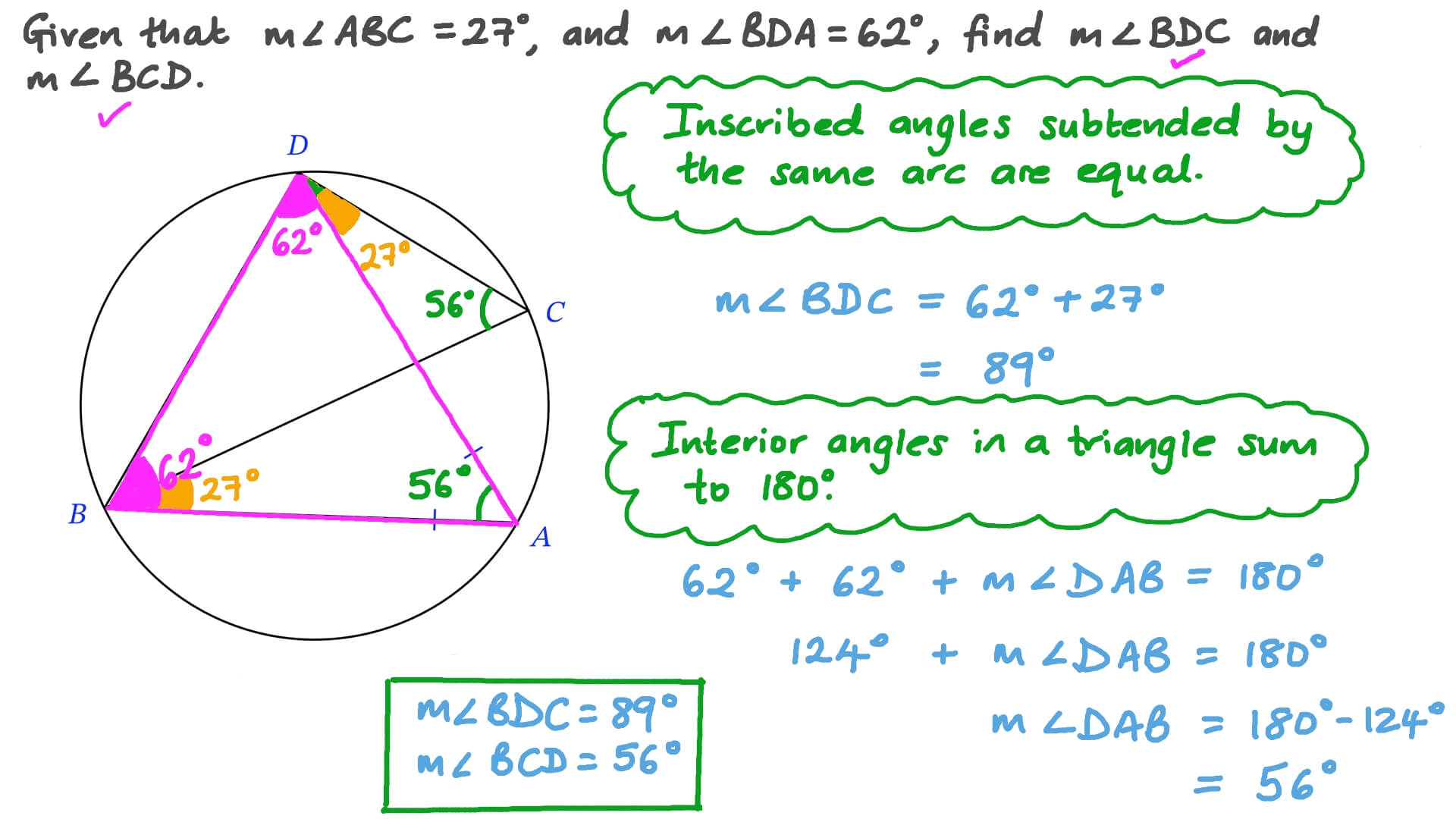 Question Video Finding The Measure Of An Angle Given Its Arc s Measure 