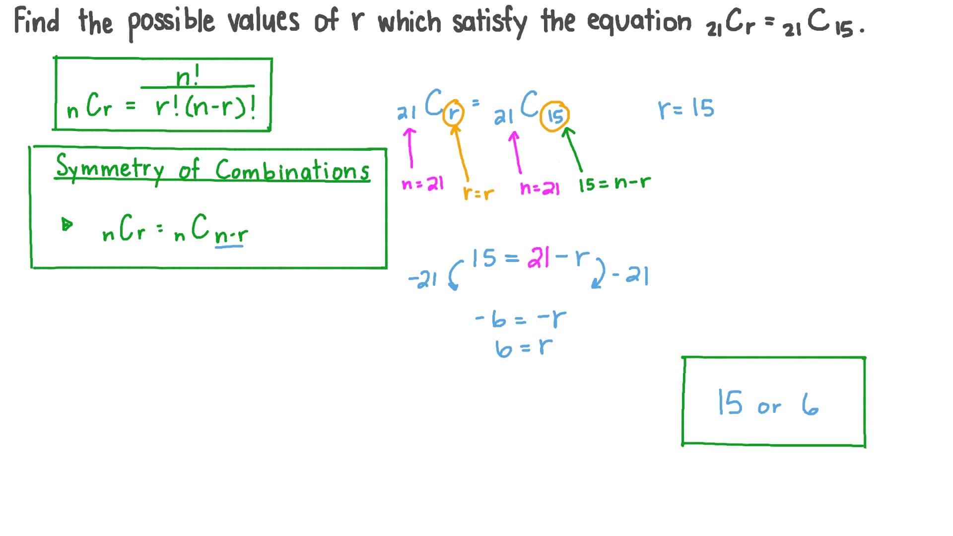 Question Video Using The Properties Of Combinations To Find The Value Of An Unknown Nagwa