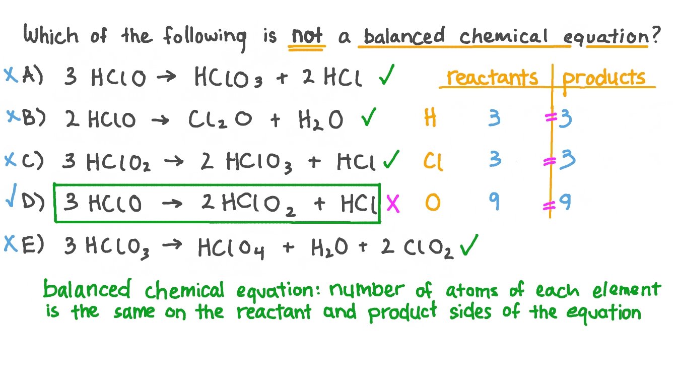 Question Video Identifying An Incorrectly Balanced Chemical Equation