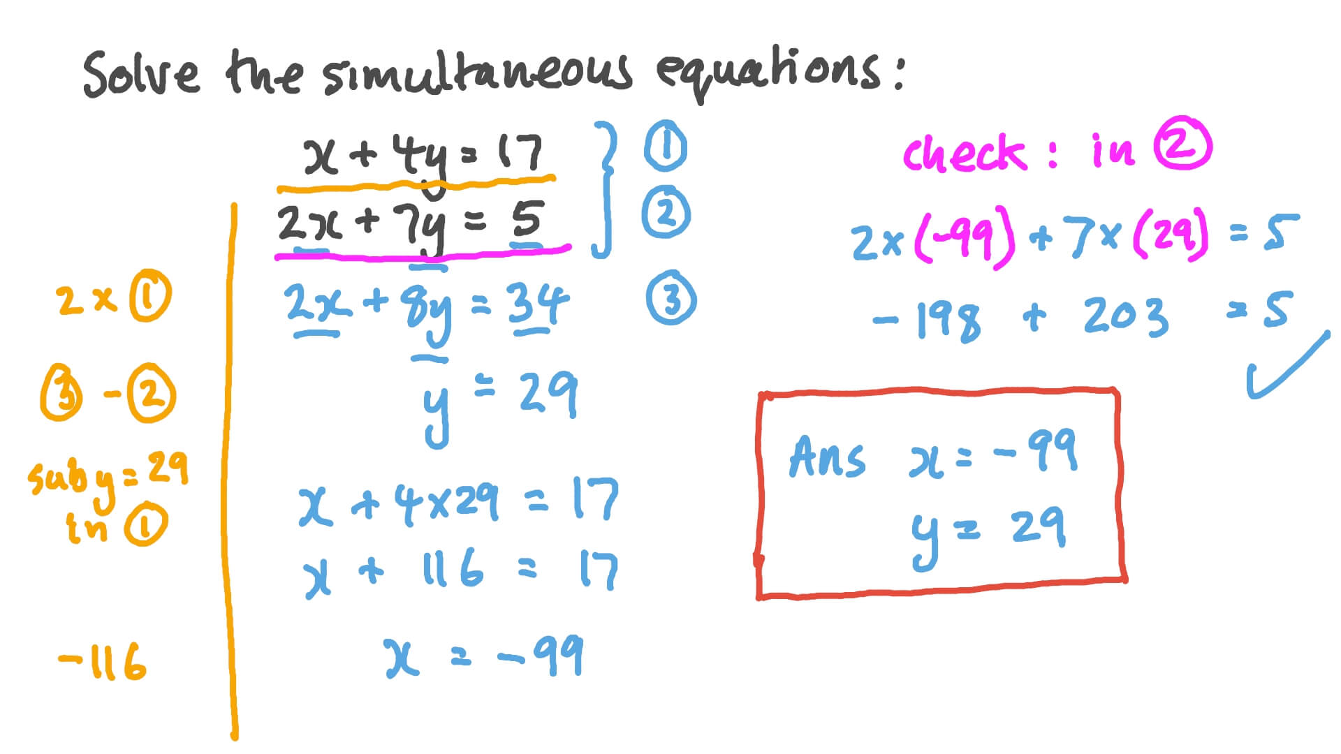 Question Video Solving A System Of Two Linear Equations Simultaneously