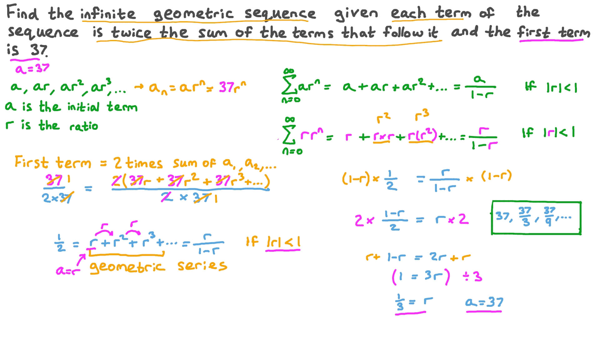 Question Video Finding An Infinite Geometric Sequence Given Its First