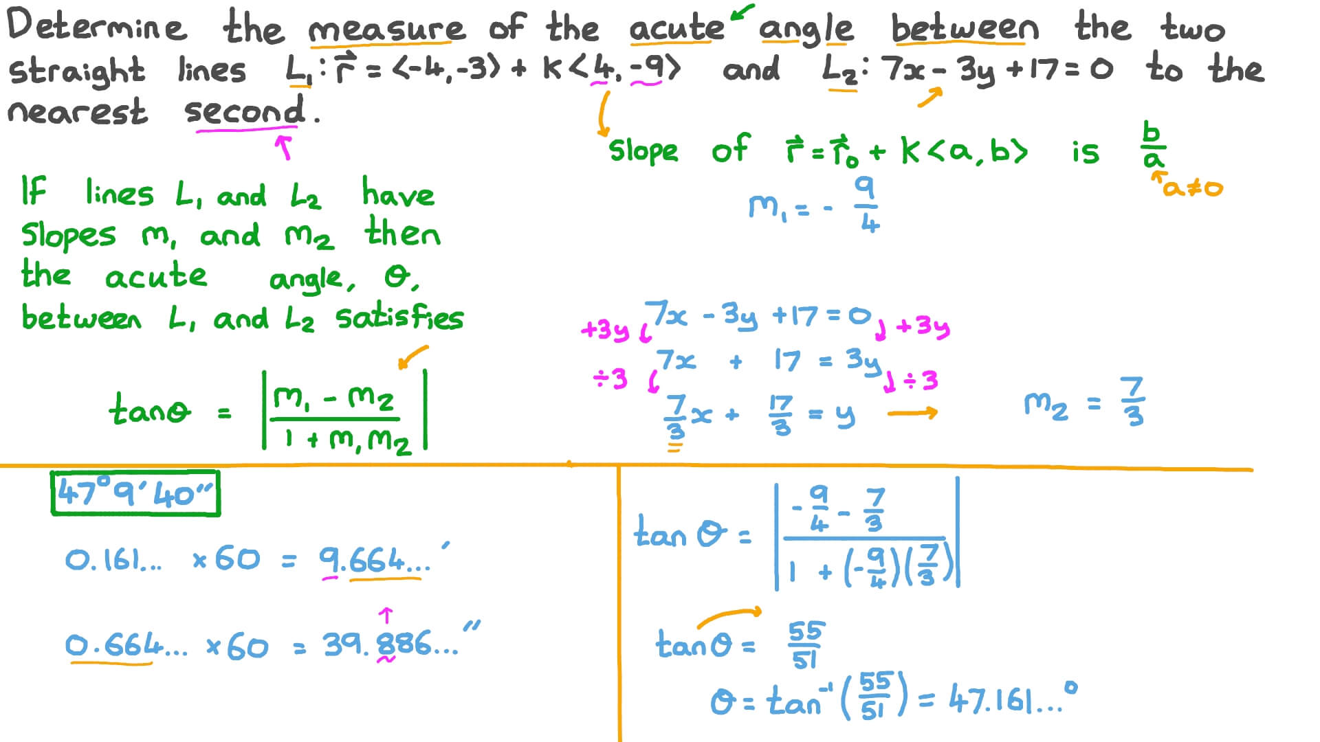 Question Video: Finding the Angle between Two Straight Lines in Two ...