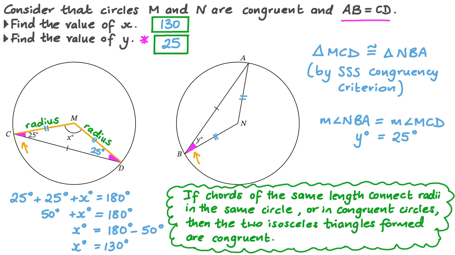 Question Video: Finding Unknown Angles given Equal Chords in Congruent ...