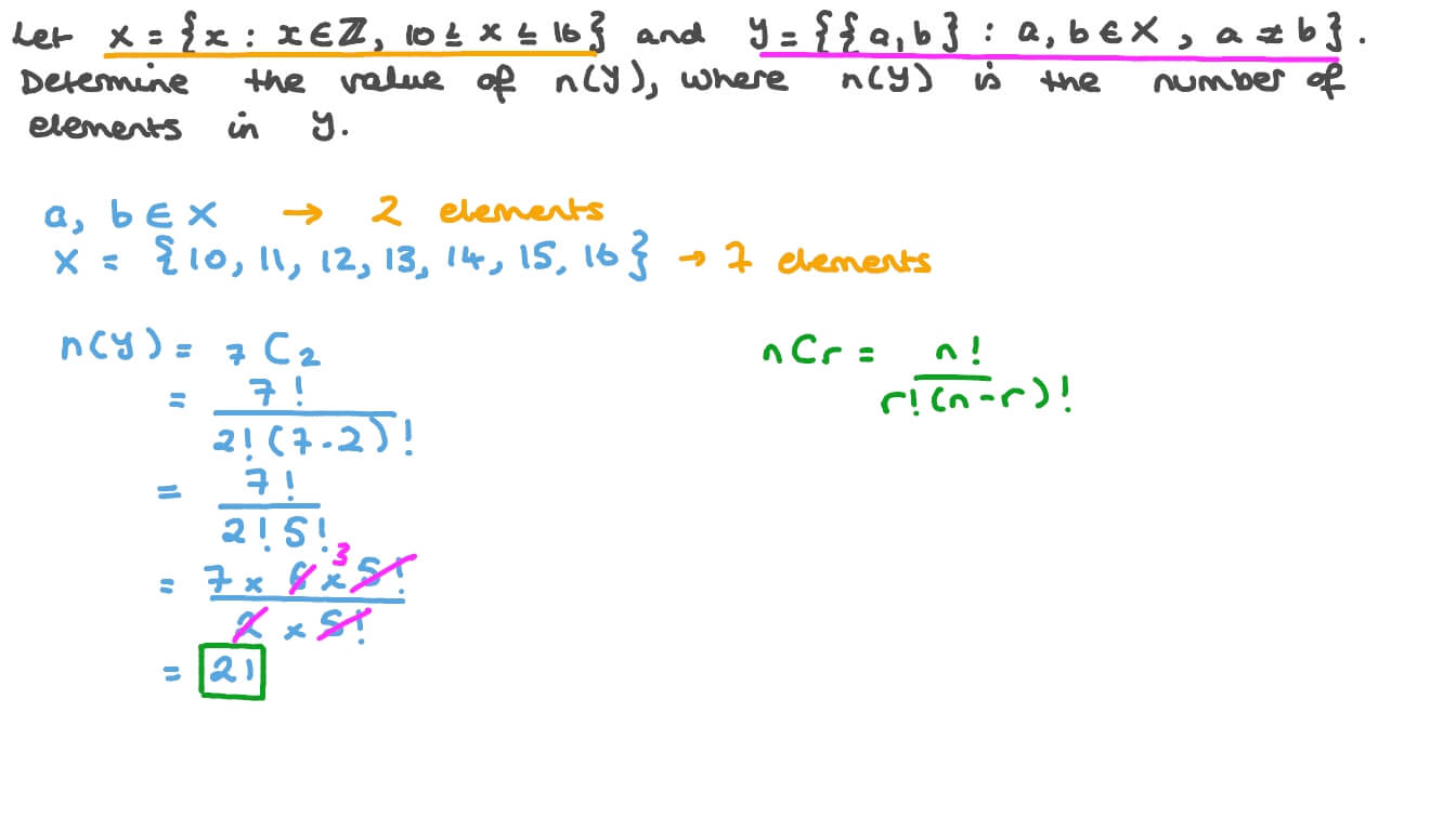Question Video: Using Combinations to Solve a Problem Expressed Using Set Notation | Nagwa