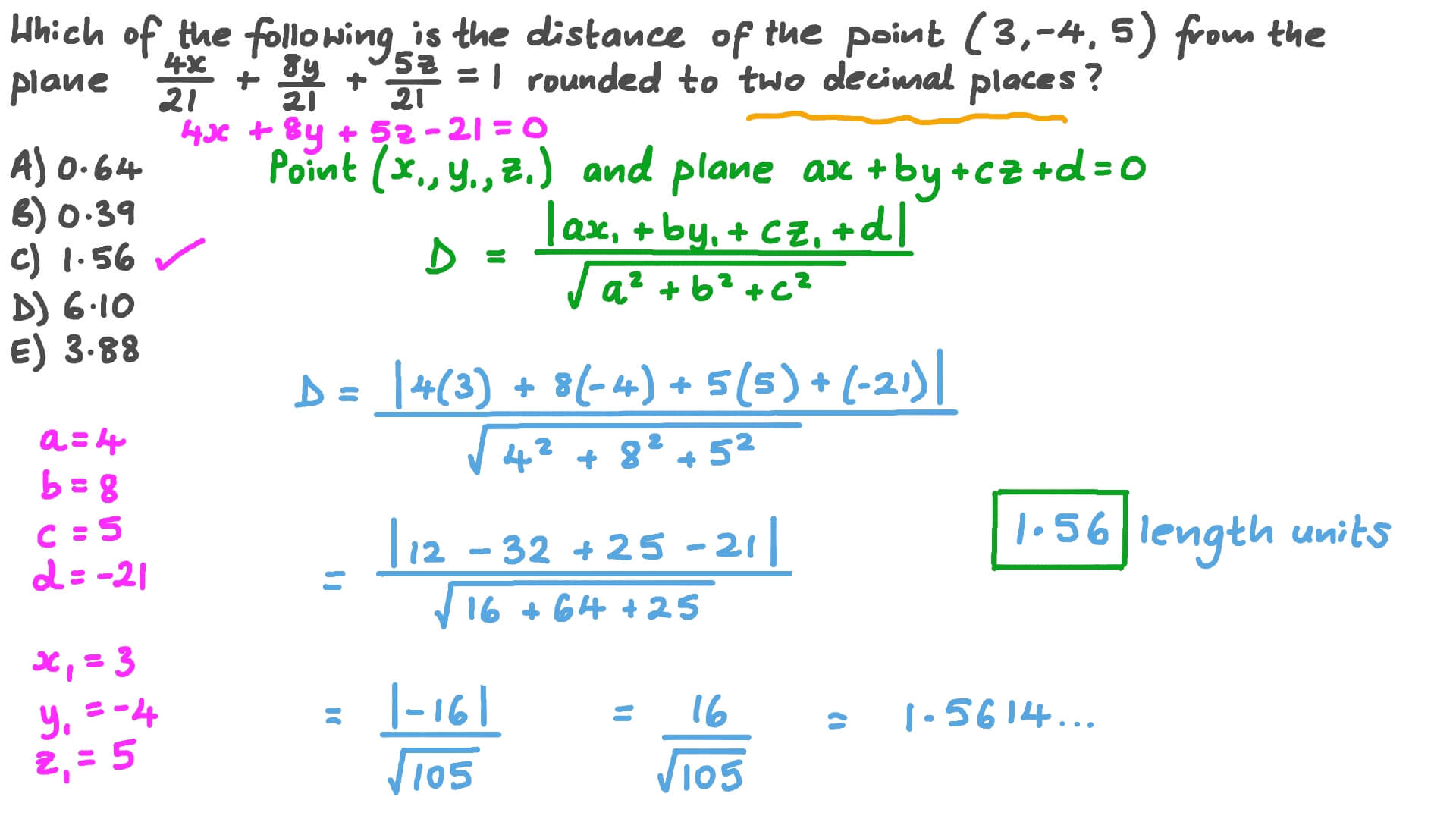 Question Video: Finding the Distance between a Point and a Plane | Nagwa