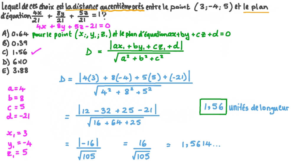 Question Video: Calcul de la distance entre un point et un plan | Nagwa