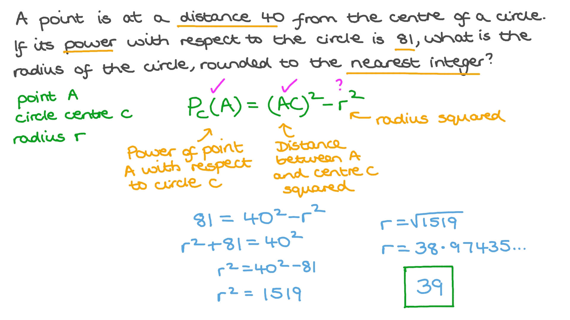 Question Video: Finding the Radius of a Circle given the Power of a ...