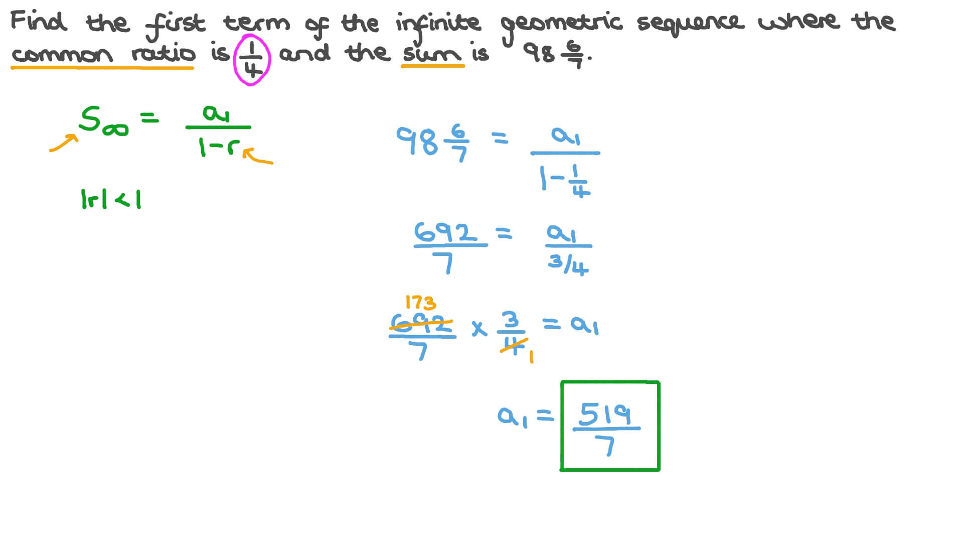 Question Video Finding The First Term Of An Infinite Geometric