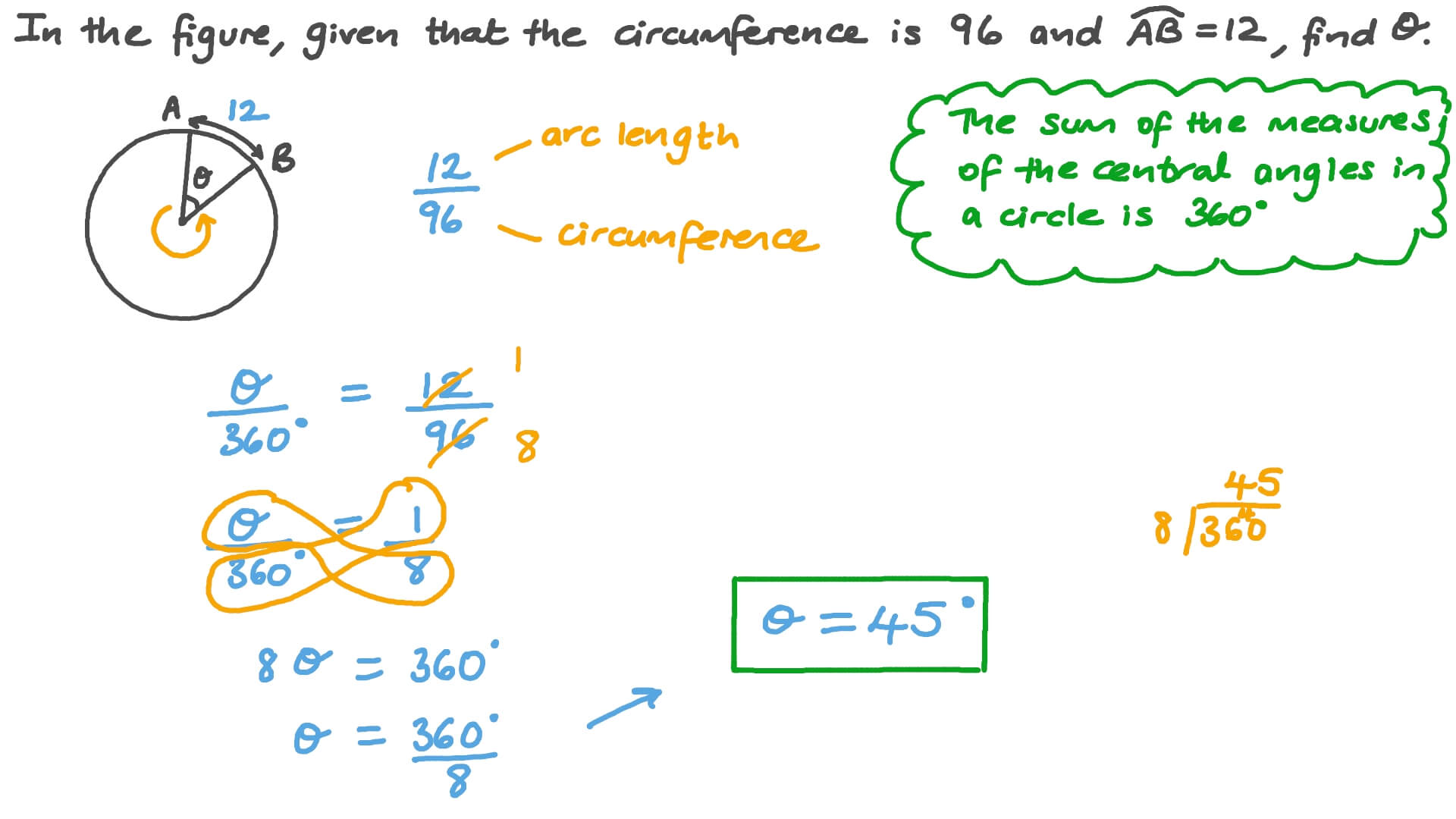 Question Video Finding The Measure Of A Central Angle Nagwa