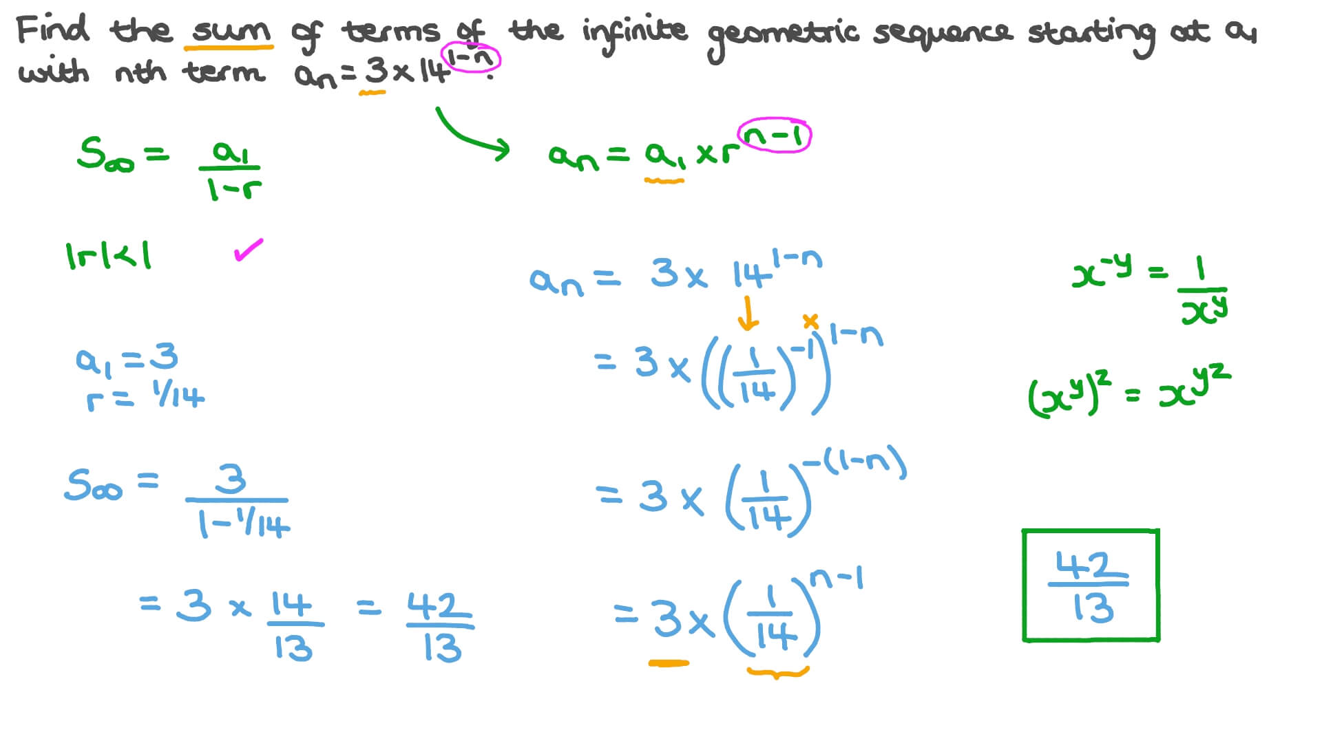 Question Video Finding The Sum Of An Infinite Number Of Terms Of A Geometric Sequence Given Its