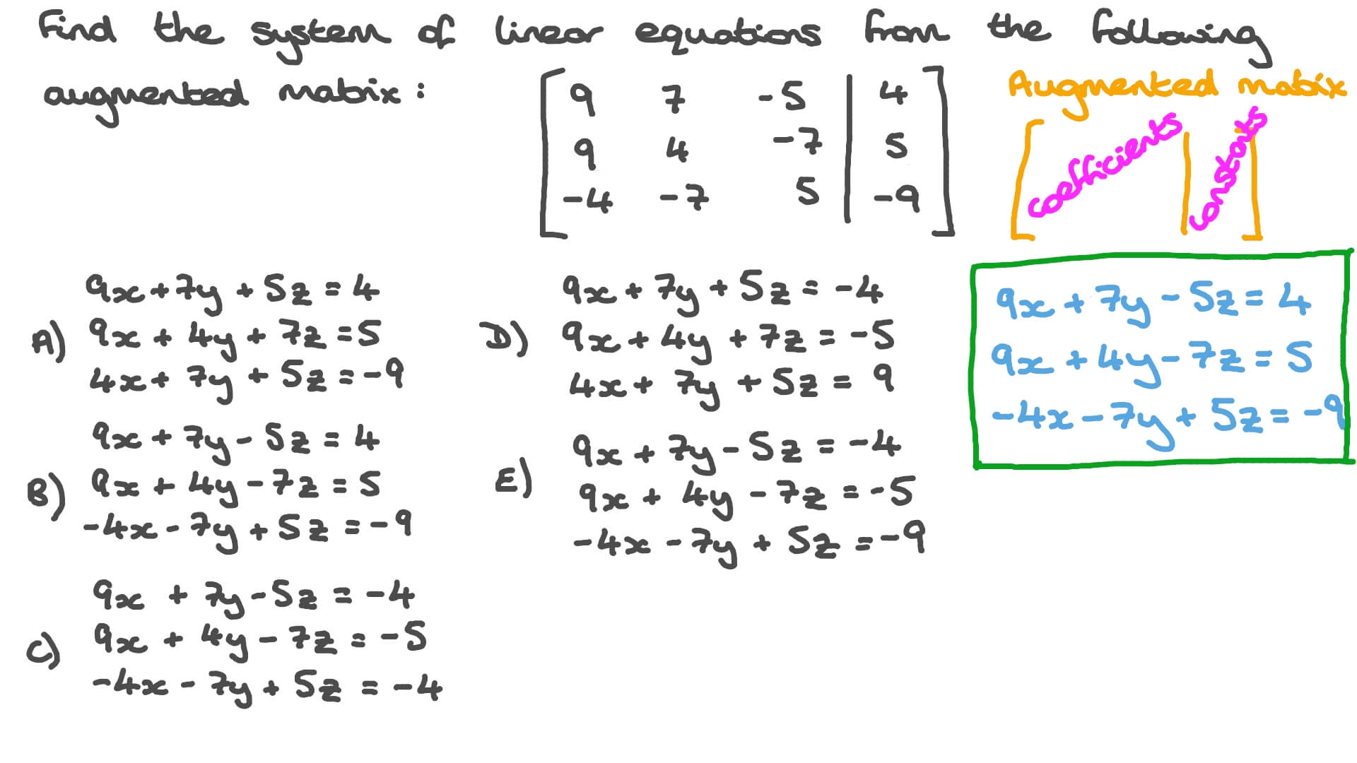 Question Video Finding A System Of Equations From An Augmented Matrix