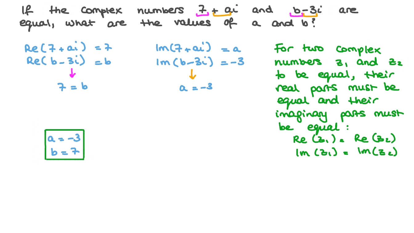 Question Video: Identifying When Two Complex Numbers Are Equal | Nagwa