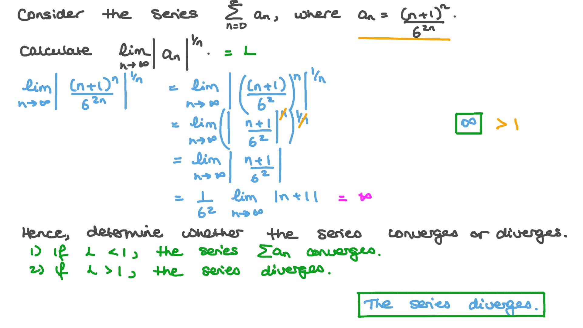 Question Video: Using the Root Test to Determine Convergence | Nagwa