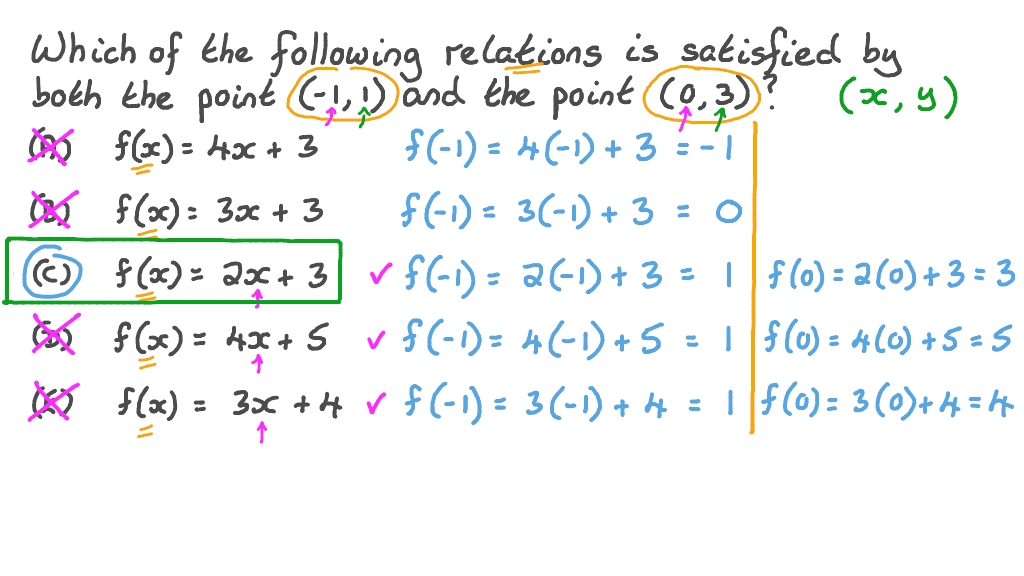 Question Video: Determining Which of a Group of Linear Equations Is Satisfied by Two Given ...