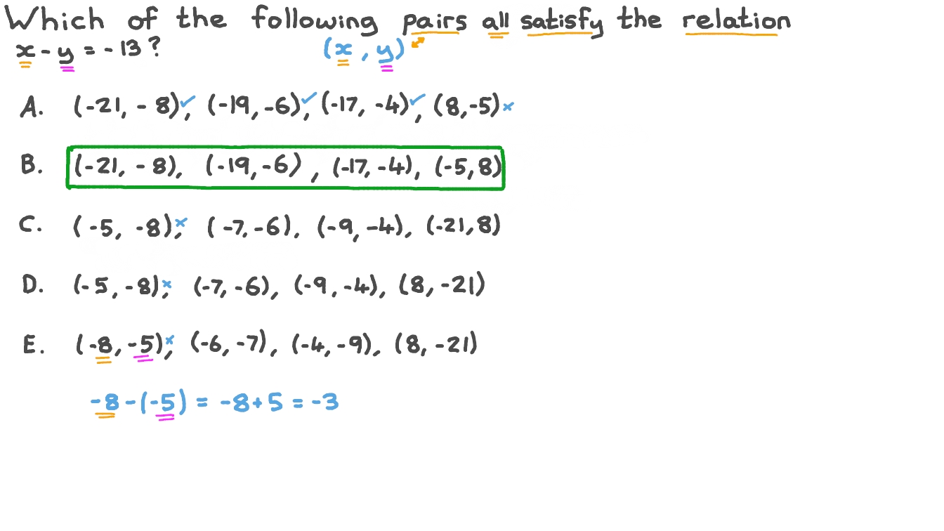 Question Video: Determining Which Ordered Pairs Satisfy a Given Linear Relation | Nagwa
