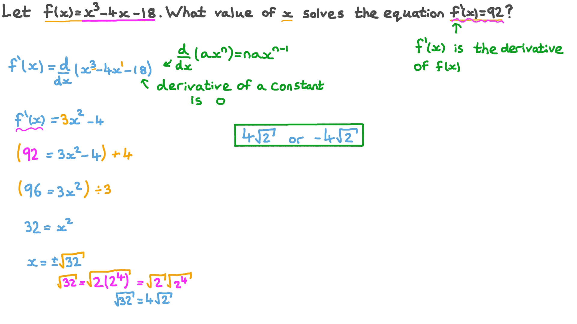 Question Video Solving Equations Given The First Derivative Of A Polynomial Function At A Point