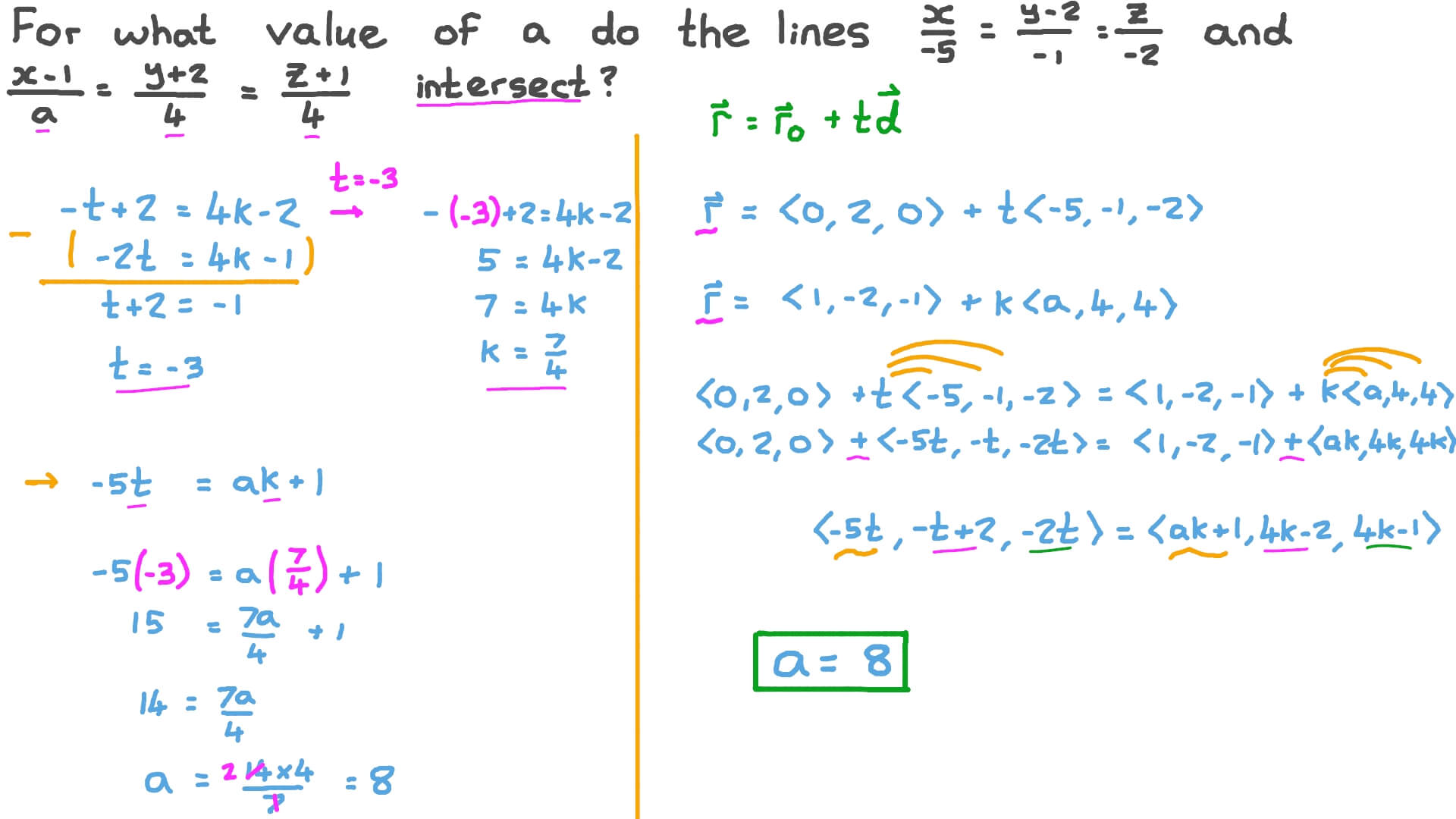 Question Video: Finding Unknown Coefficients in the Equation of Two Straight Lines in Three ...